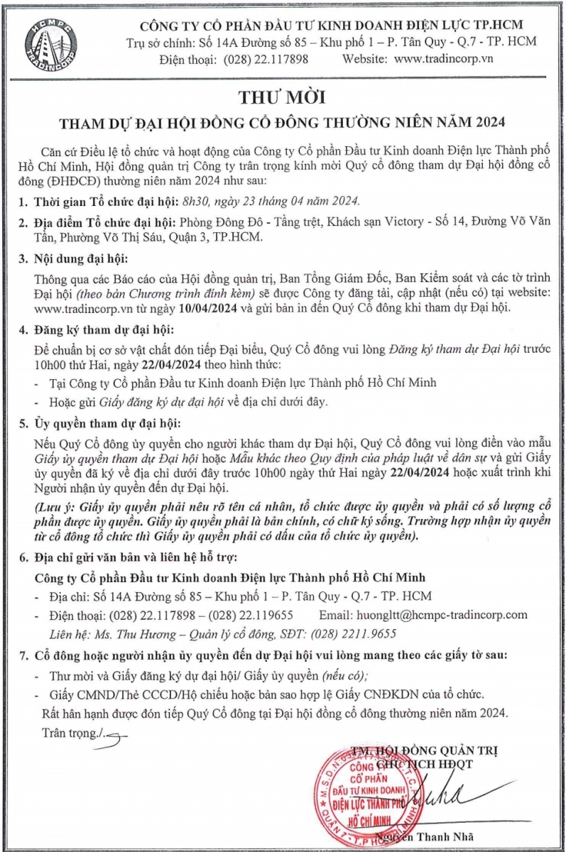 Thư Mời Tham Dự DHCD Thường Niên 2024